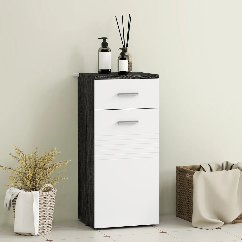 kleankin Dulap Baie din Lemn cu Sertar și Rafturi, Design Alb și Negru ...