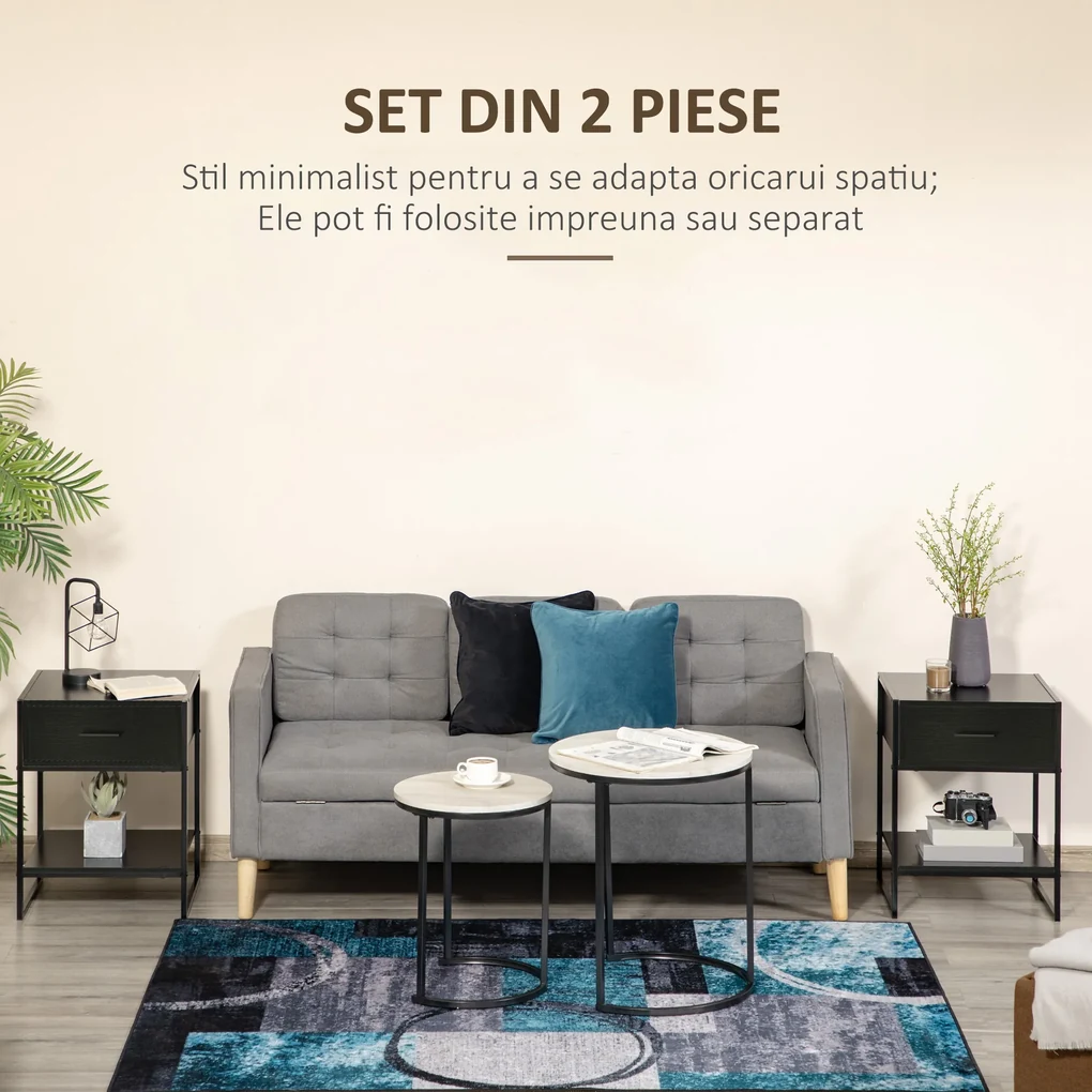 HOMCOM Set din 2 Noptiere Moderne, Noptieră cu Raft și Sertar ...