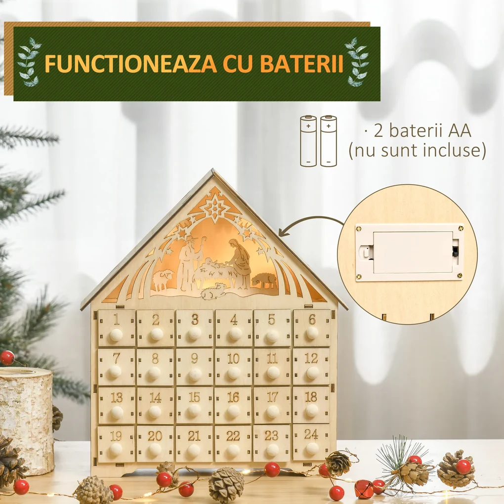 Calendar Advent din Lemn 24 Sertare Decoratiune de Craciun cu Nasterea ...