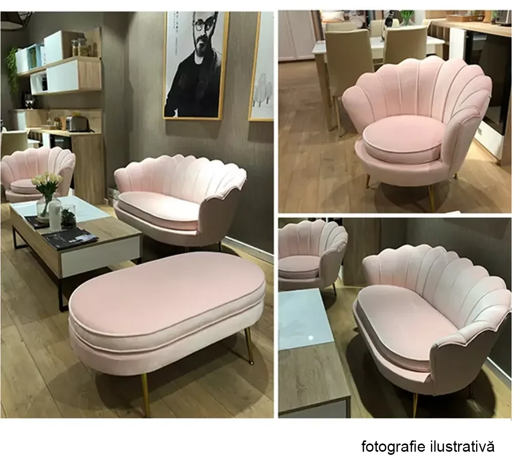 Fotoliu în stil Art-deco, catifea Velvet roz/crom auriu, NOBLIN | BIANO