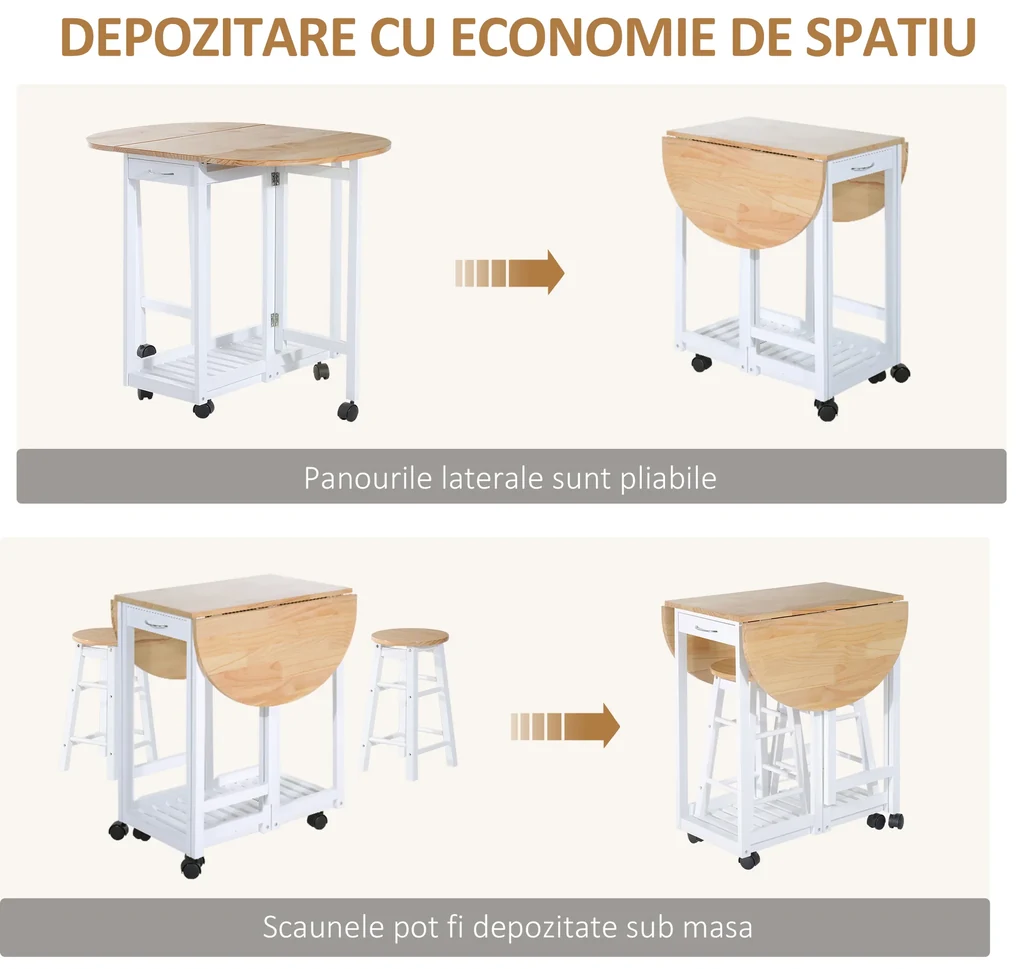 HOMCOM Set Mobilier Bucătărie 3 Piese Masa Pliabilă 2 Scaune de Bar ...