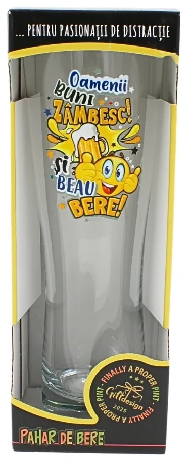 Pahar bere, 500 ml, mesaj funny “Oamenii buni zâmbesc și beau bere ...