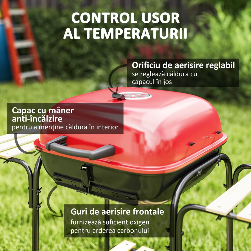 Gratar Outsunny portabil cu roți, roșu | Aosom Romania | BIANO