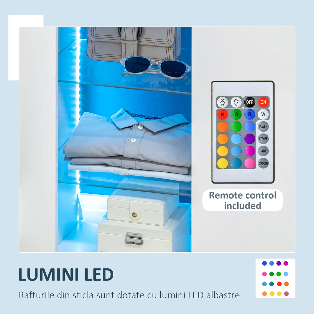 HOMCOM Cabinet Depozitare cu Iluminare LED, Rafturi Deschise și Ușă ...