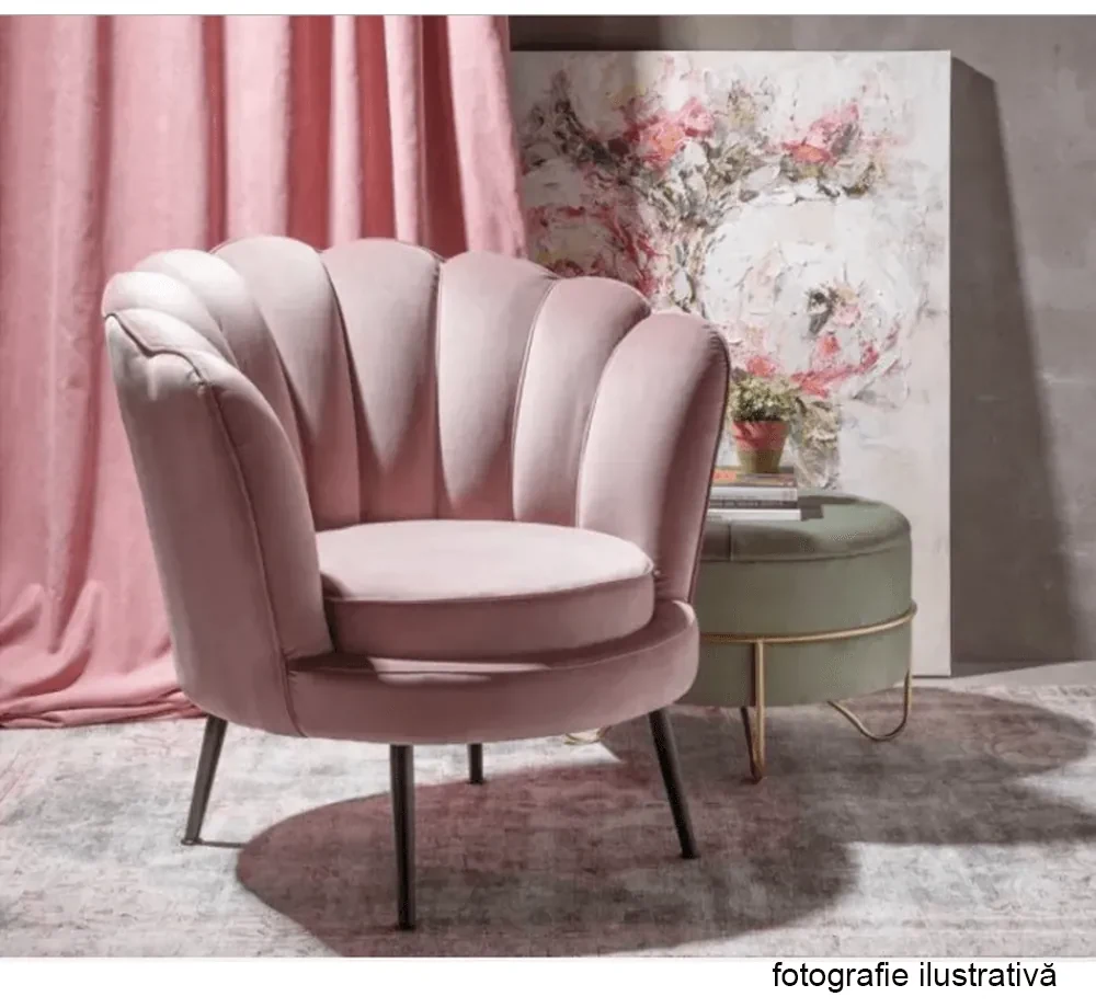 Fotoliu în stil Art-deco, catifea Velvet roz/crom auriu, NOBLIN | BIANO