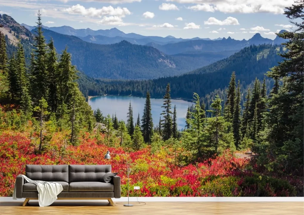 Tapet Premium Canvas - Flori rosii si copaci verzi langa lac | BIANO