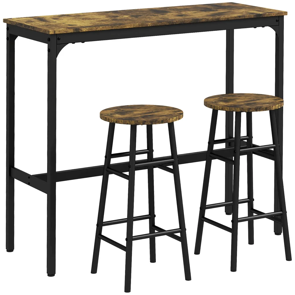 HOMCOM Set masă înaltă de bar + 2 tabureți structură din oțel blat cu ...