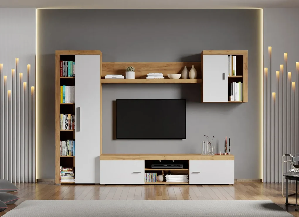 Set Mobilier Living Alb cu Stejar Auriu Crispy-C10 | BIANO