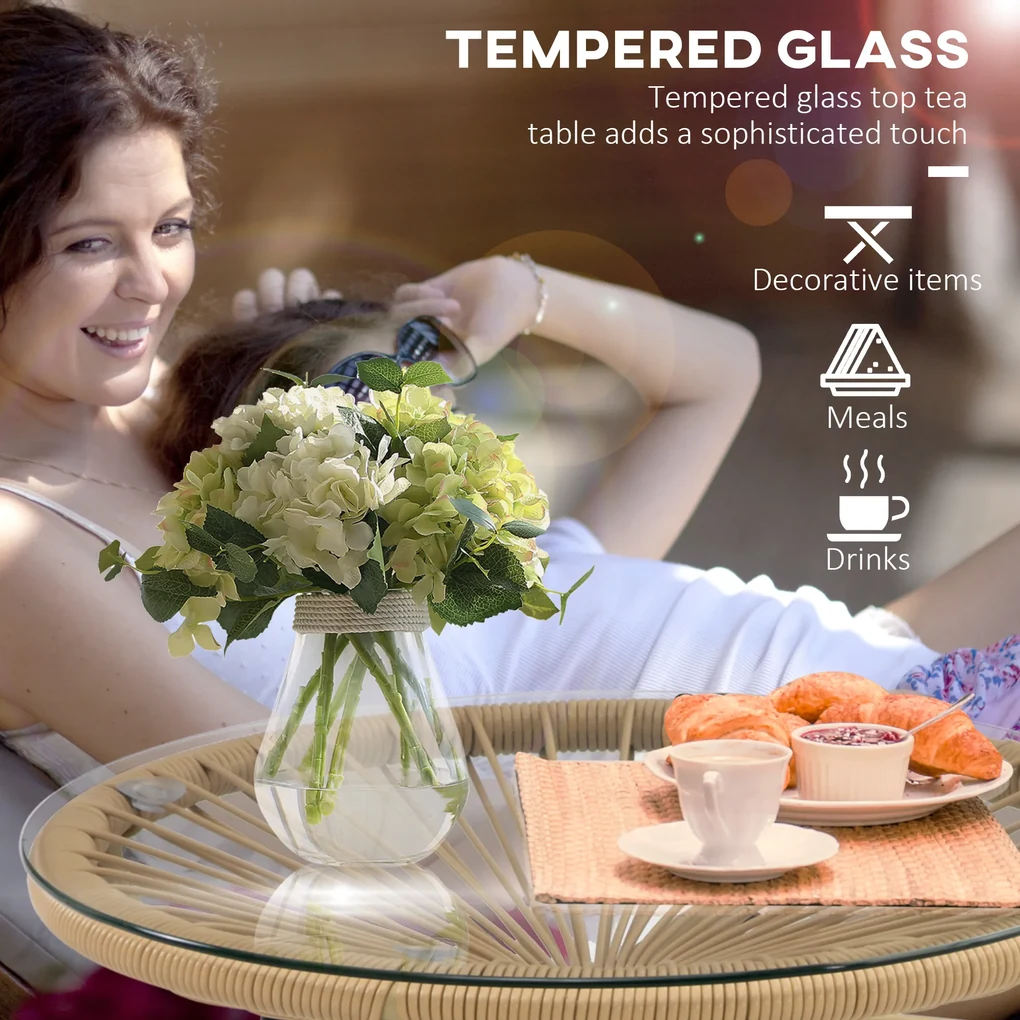 Outsunny Masa laterala din ratan, Masuta rotunda de cafea pentru exterior, blat din sticla ...