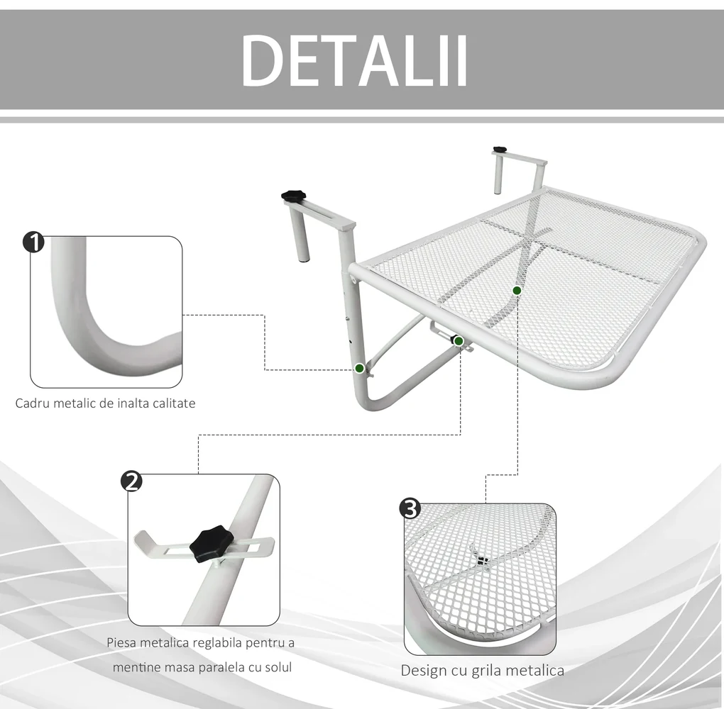Outsunny Măsuță Suspendată pentru Balcon, Suport Reglabil pe Înălțime ...