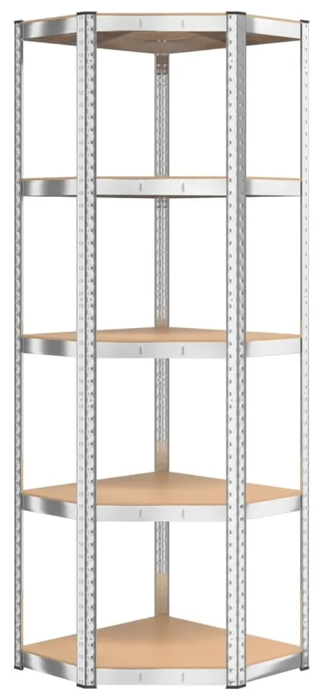 Raft de colt cu 5 niveluri, argintiu, otel si lemn prelucrat | BIANO