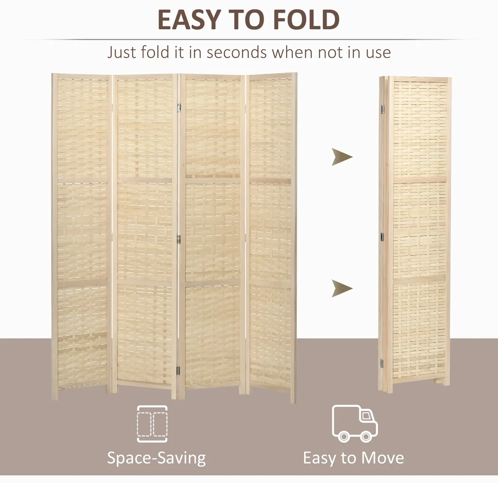 HOMCOM Separator de Cameră din Lemn și Bambus, Paravan Pliabil, Design ...