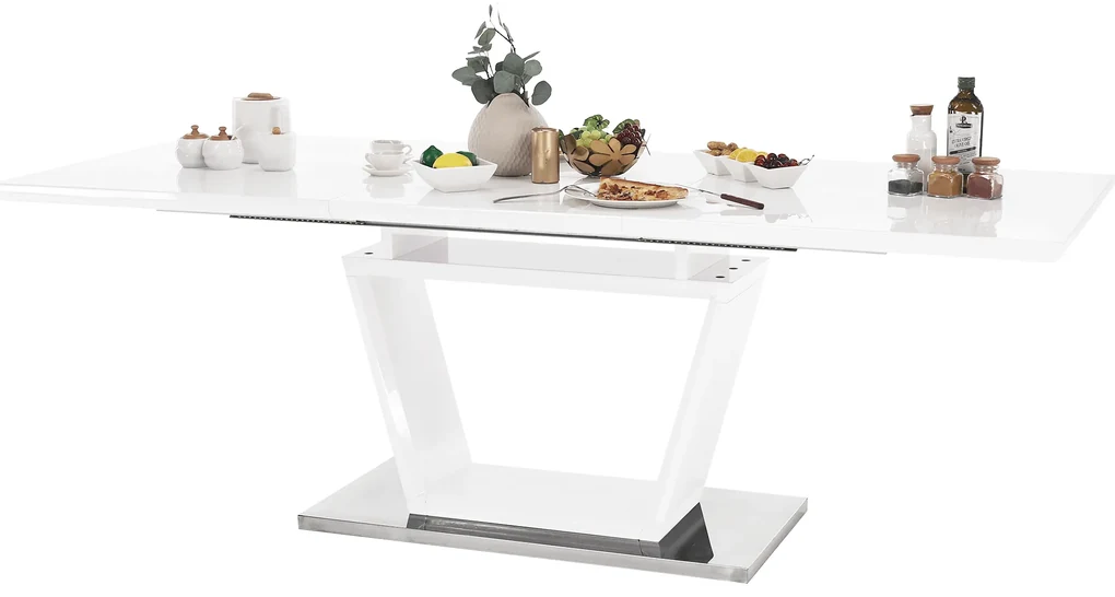 Masă dining, pliabilă, alb luciu extra ridicat / oţel, 160-220x90 cm ...