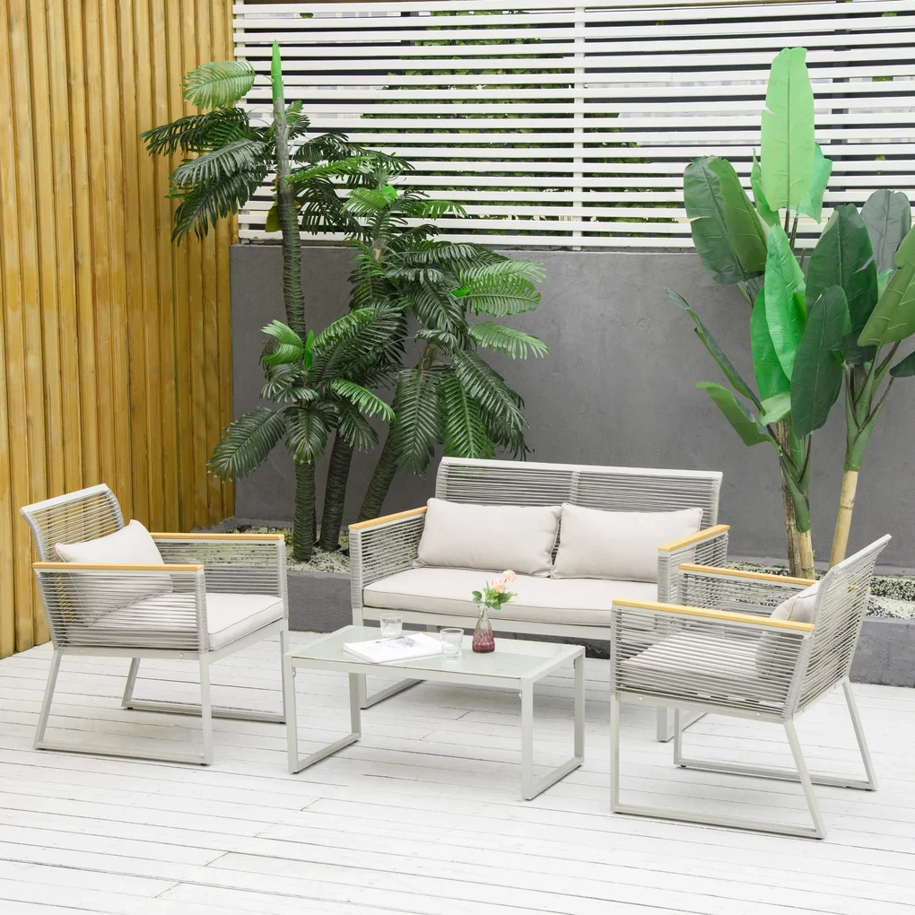 Set Mobila de Gradina 4 Piese din Ratan PE Outsunny, Perne Detasabile ...