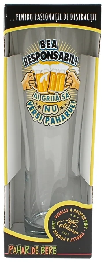Pahar bere, 500 ml, mesaj funny “Bea responsabil! Ai grijă să nu verși ...