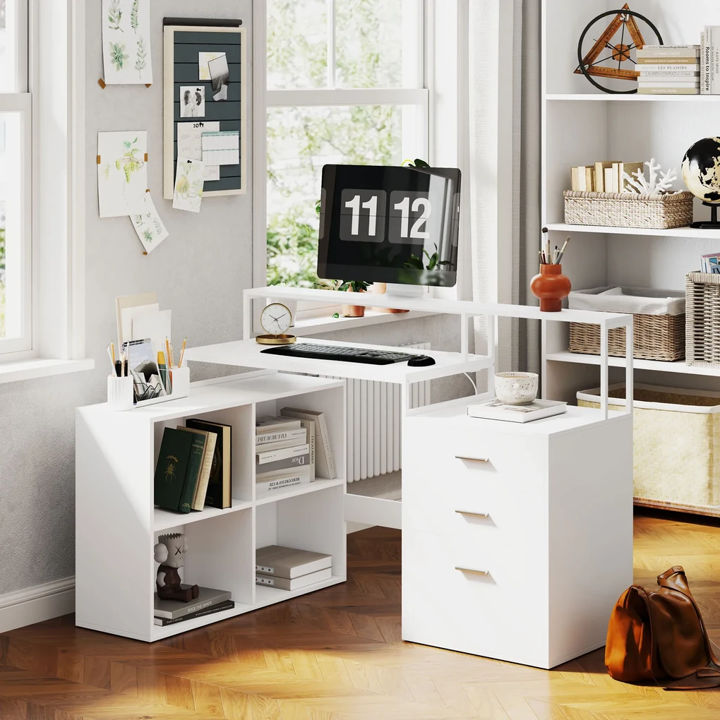 HOMCOM Birou în Formă de L cu Prize de Curent, Sertar și Suport pentru ...