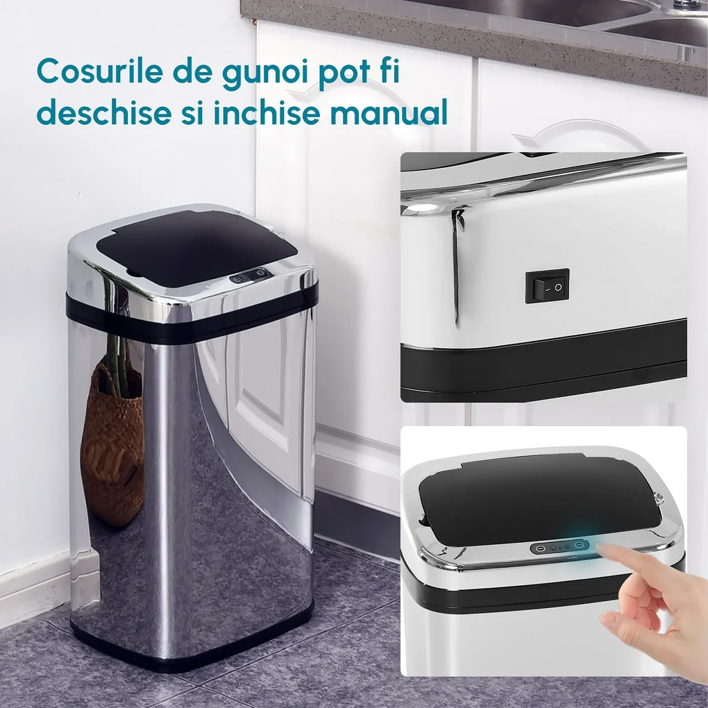 HOMCOM Coș de Gunoi cu Senzor Automat, Oțel Inoxidabil, Capacitate 30L ...