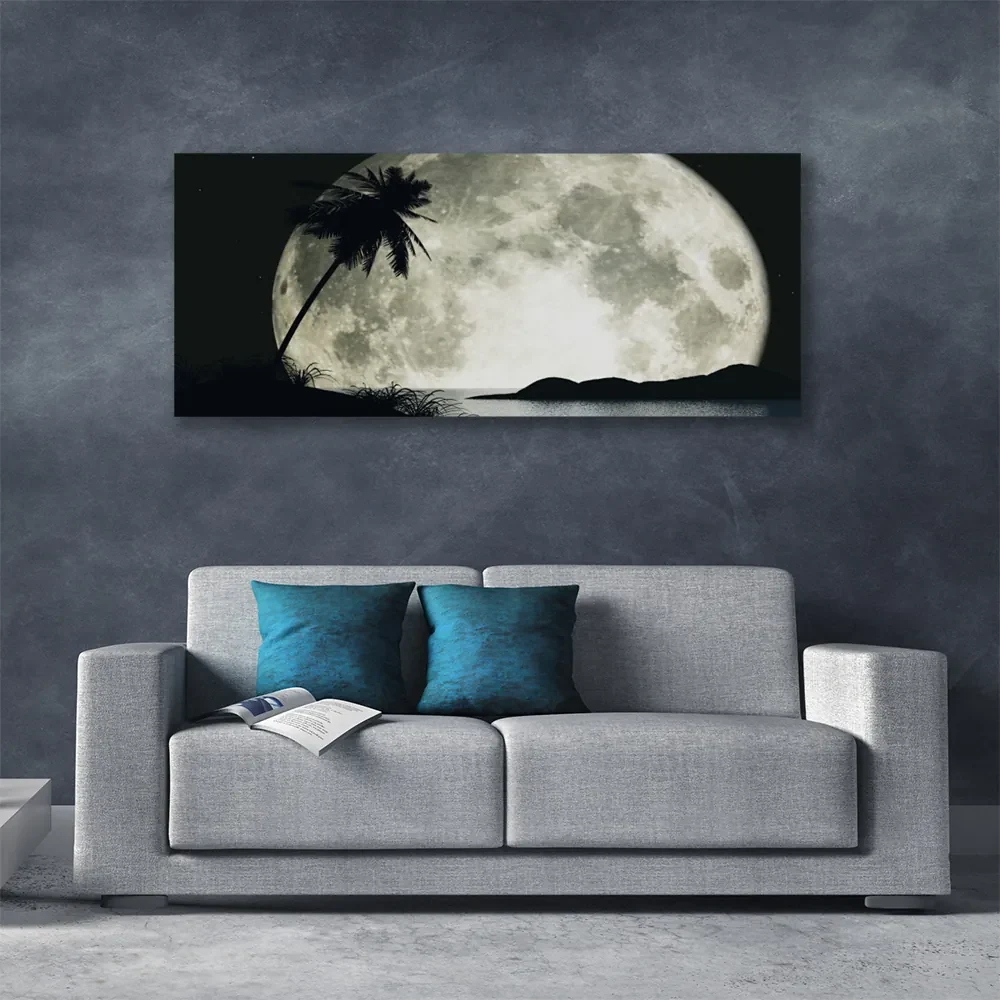 Tablou pe panza canvas Noapte Luna Palm Peisaj Negru Gri Alb | BIANO