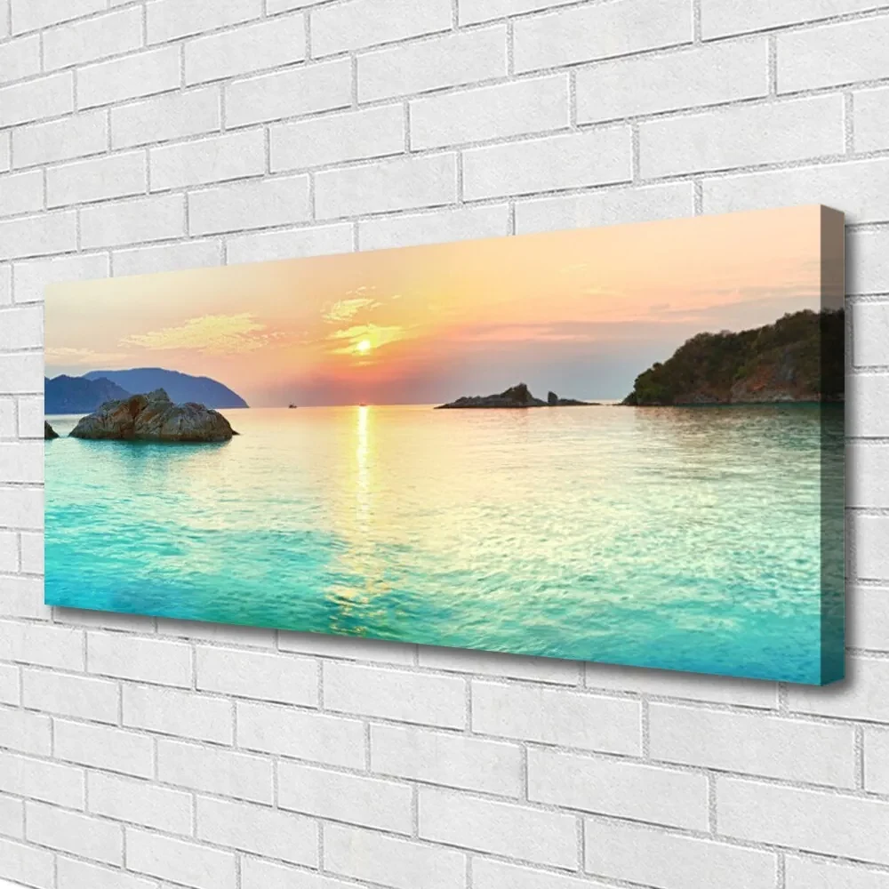 Tablou pe panza canvas Sea Sun Rocks Peisaj Galben Gri Albastru | BIANO