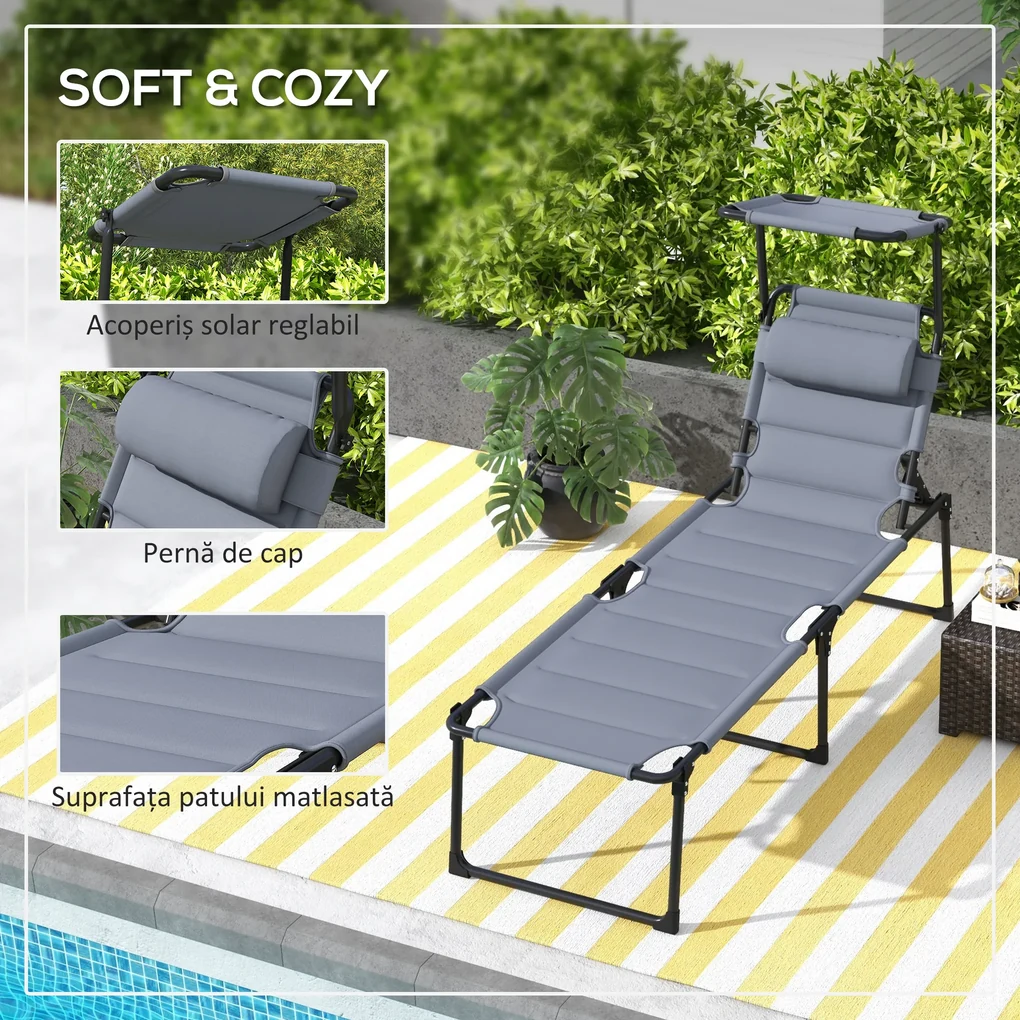 Outsunny Sezlong Pliabil pentru Exterior cu Parasolar Reglabil, Sezlong ...