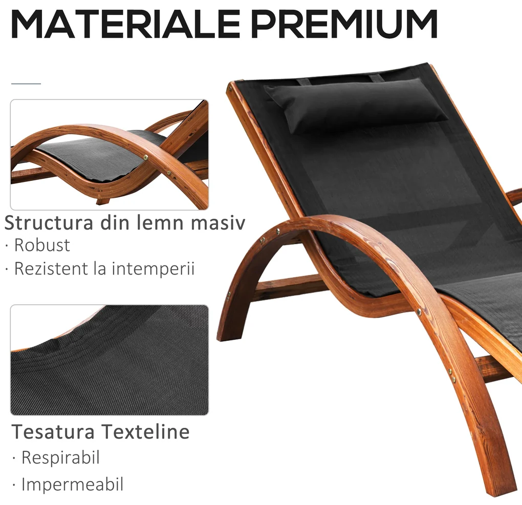 Sezlong gradina cu Tetiera Outsunny, Lemn si Tesatura din plasa, Negru ...