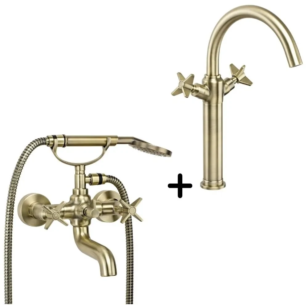Set baterie cada bronz si baterie lavoar inalta cu ventil click-clack ...