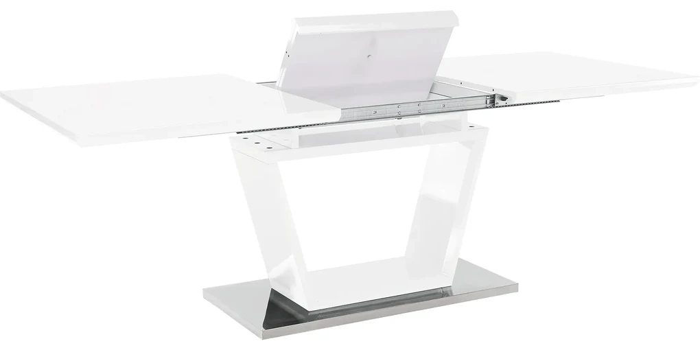 Masă dining, pliabilă, alb luciu extra ridicat / oţel, 160-220x90 cm ...