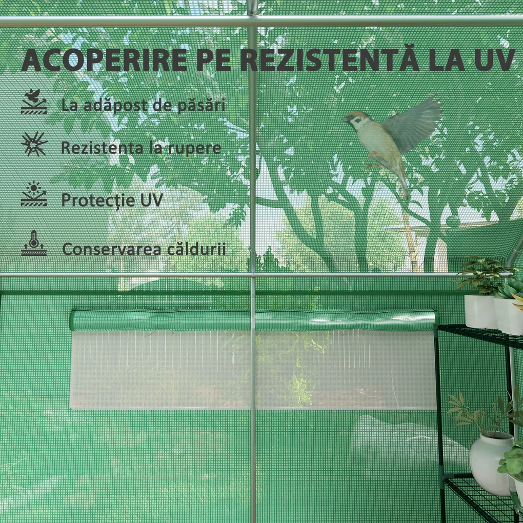 Outsunny Seră Tunel cu 3 Uși Rulante, 6 Ferestre, Țăruși și Frânghii ...