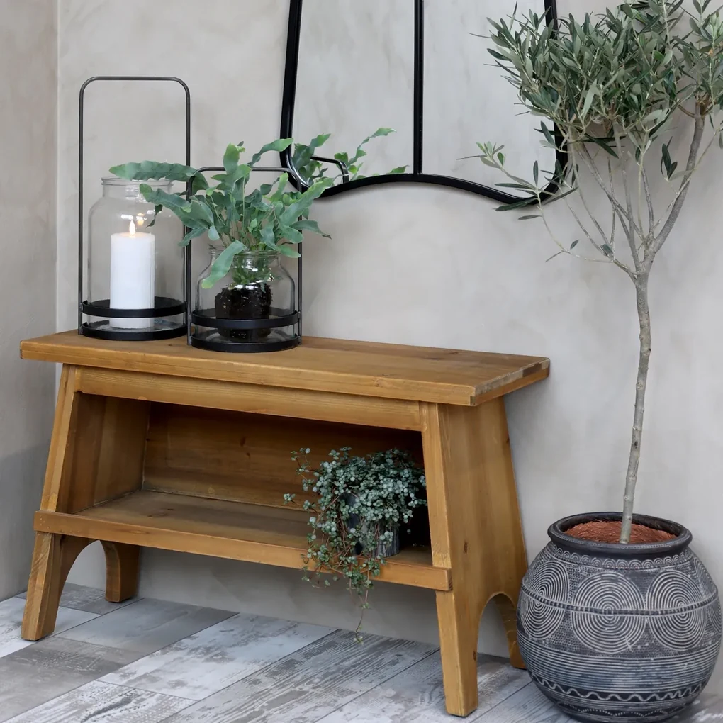 Banca din lemn, cu raft, aspect rustic, Shelf | BIANO