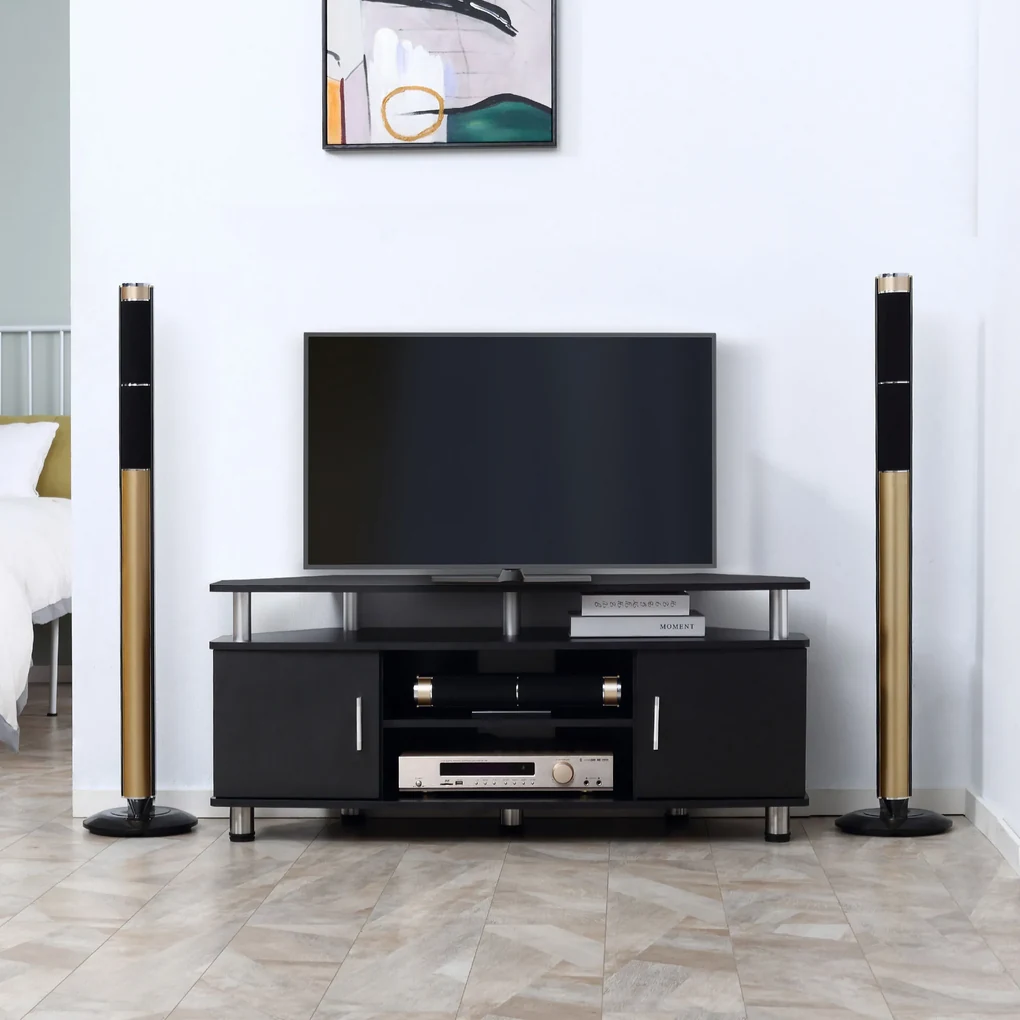 Comoda TV moderna HOMCOM, cu 2 compartimente inchise, raft, blat, benzi ...