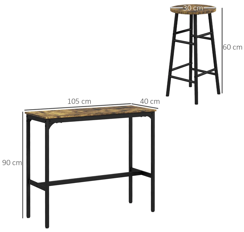 HOMCOM Set masă înaltă de bar + 2 tabureți structură din oțel blat cu ...