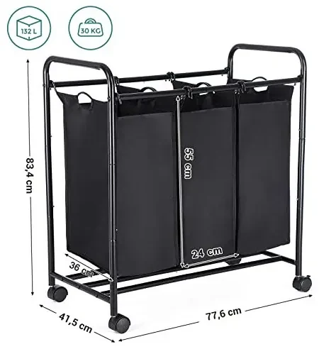 Cos separator pentru haine cu roti, Songmics, Negru, LSF003B, 3 x 44L ...