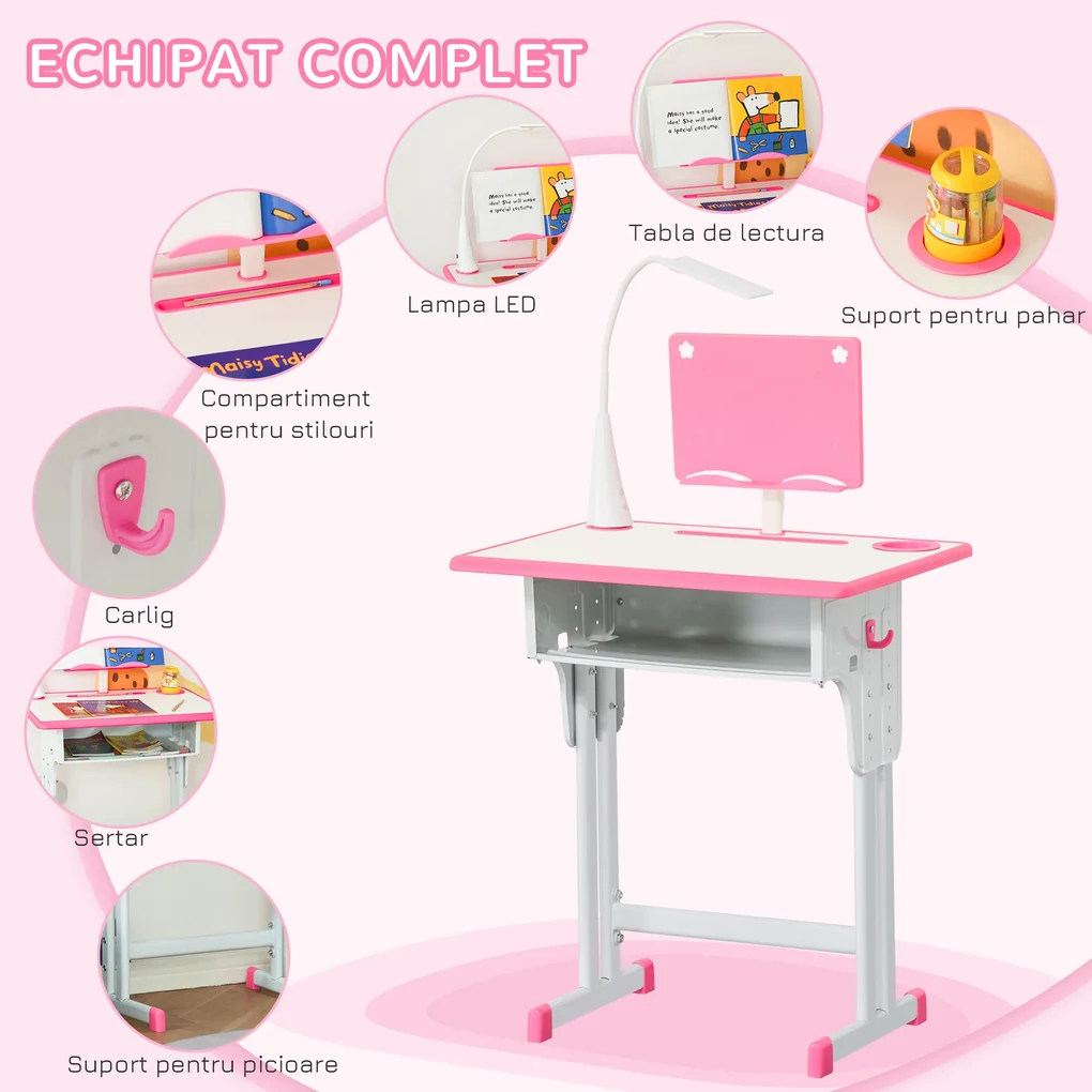 Banca cu scaun pentru copii 6-12 ani cu pupitru, suport stilou, carlig ...