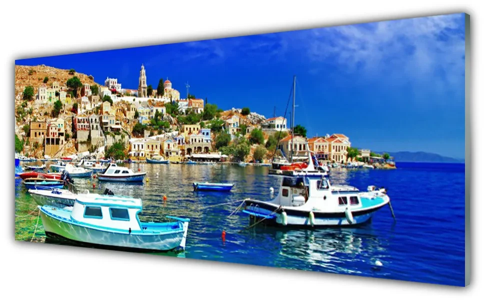 Tablou pe sticla Ambarcațiuni Sea Peisaj Oraș Albastru Alb Brun Verde | BIANO