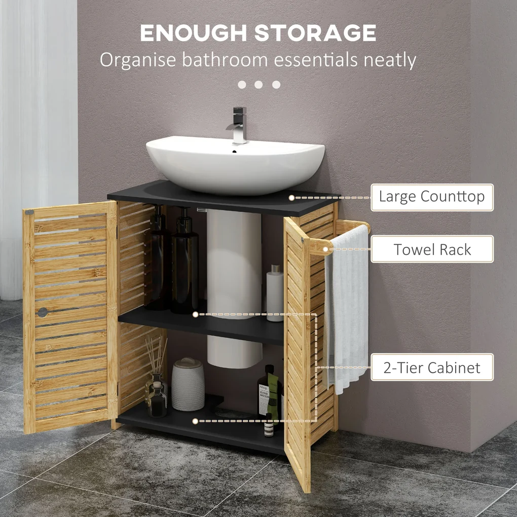 HOMCOM Dulap Sub Chiuvetă cu 2 Uși, Suport pentru Prosoape și Decupaj ...