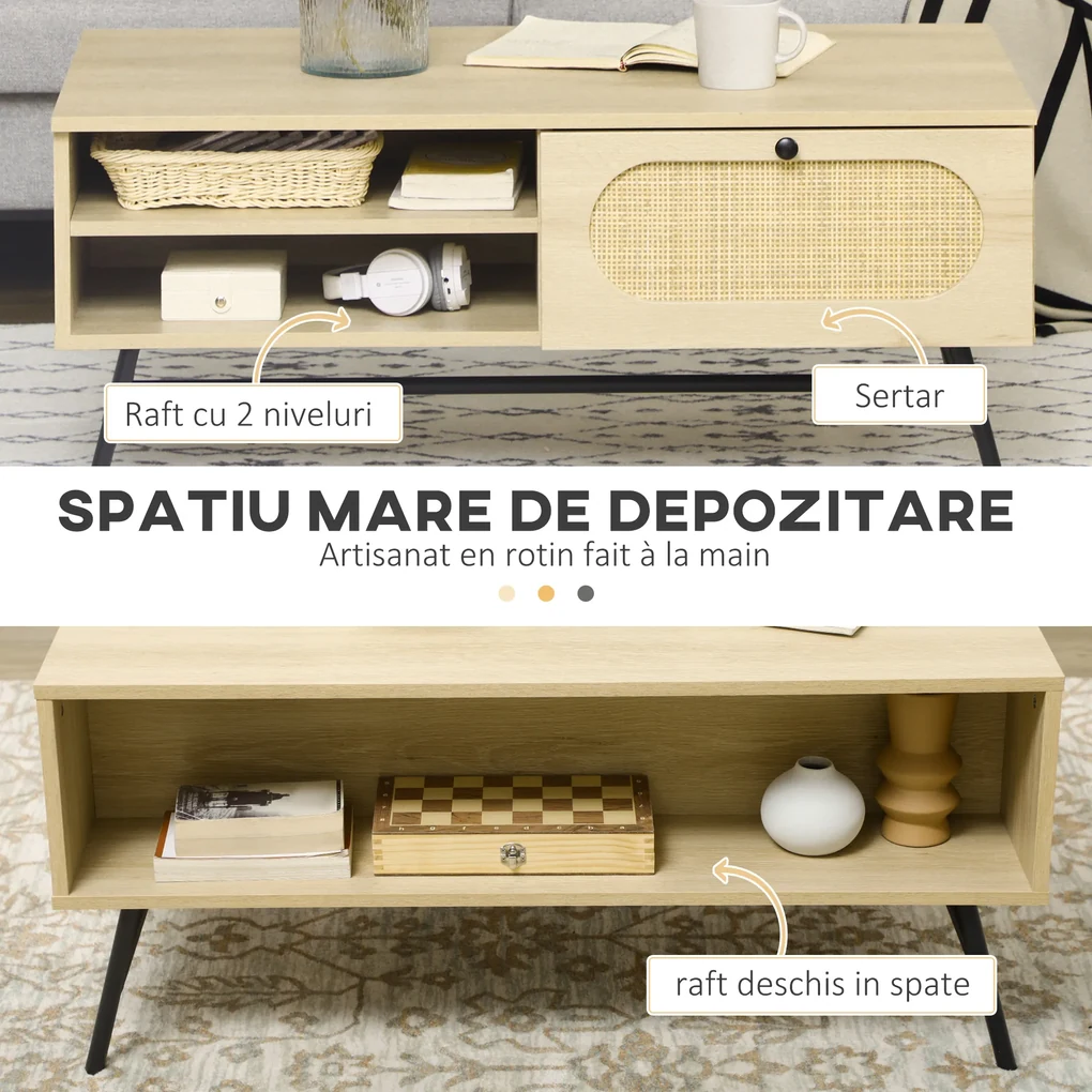 HOMCOM Măsuță de Cafea din Ratan cu Rafturi de Depozitare, Picioare Metalice, Design Natural ...