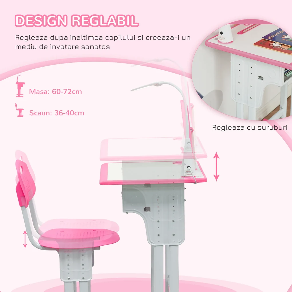 Banca cu scaun pentru copii 6-12 ani cu pupitru, suport stilou, carlig ...