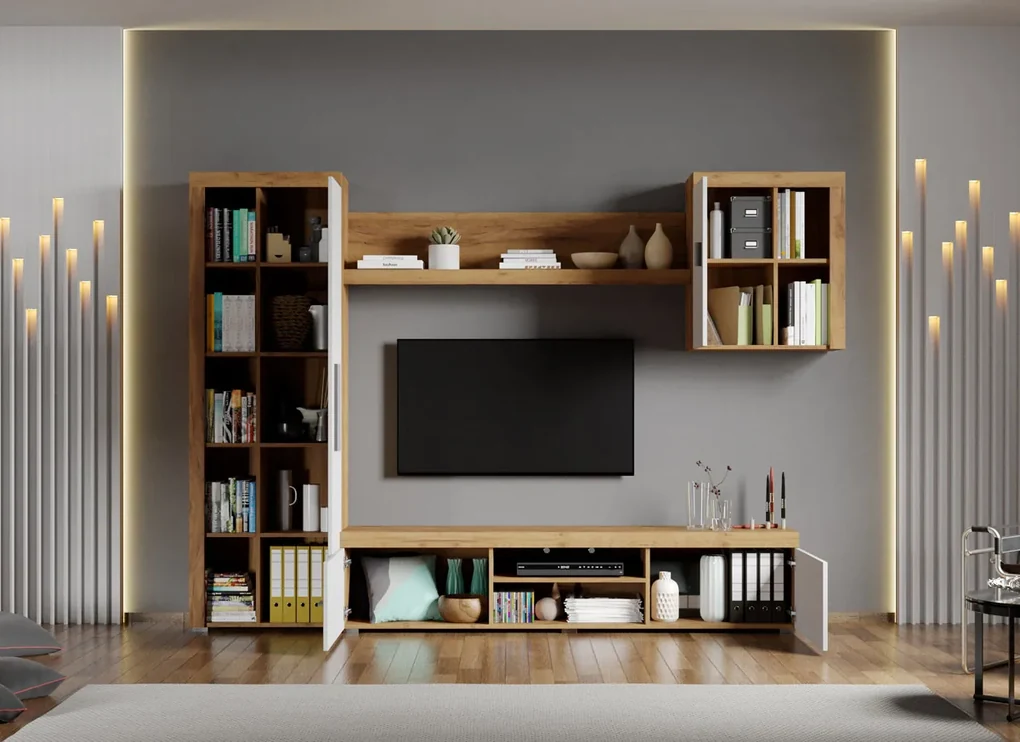 Set Mobilier Living Alb cu Stejar Auriu Crispy-C10 | BIANO