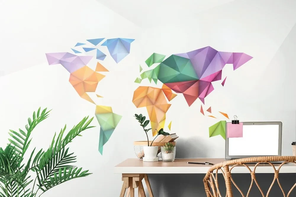 Tapet harta lumii colorată în stil origami | BIANO