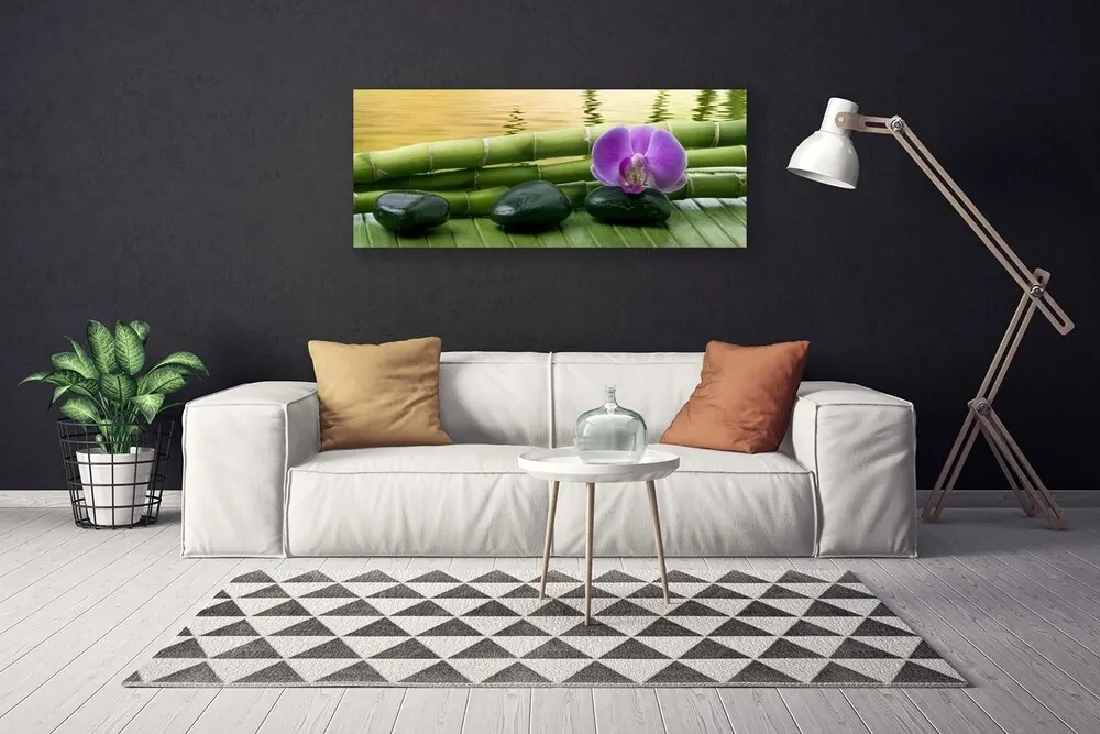 Tablou pe panza canvas Floare pietre de bambus Tulpini Floral Roz Negru ...