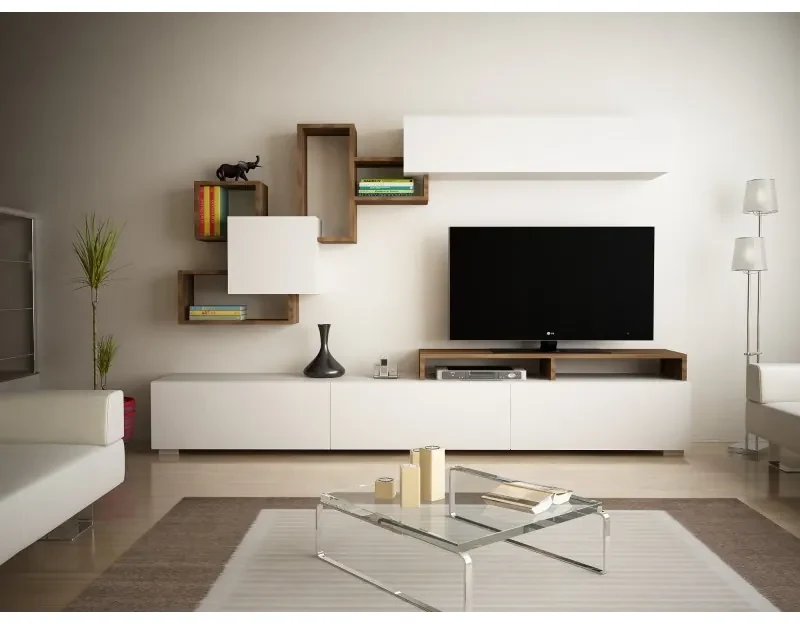 Mobila Living Comoda Rafturi si Dulapioare Elit - White, Walnut | BIANO