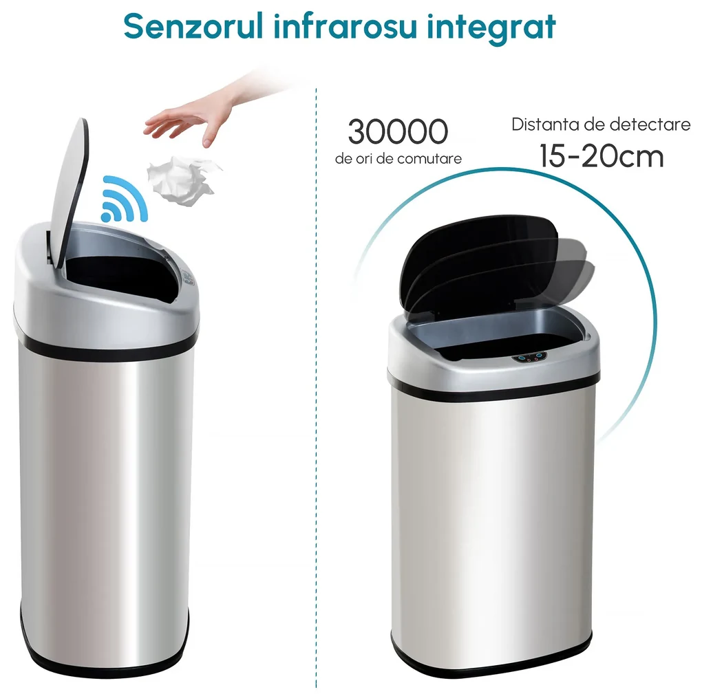 HOMCOM Coș de Gunoi cu Senzor Automat, Oțel Inoxidabil, Capacitate 30L ...