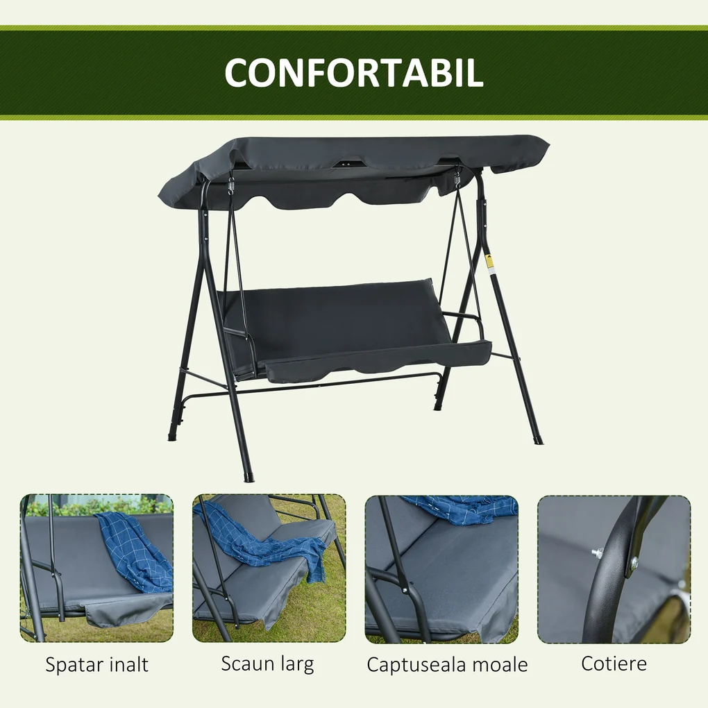 Outsunny Balansoar de Grădină 3 Locuri cu Baldachin Parasolar, Perne ...