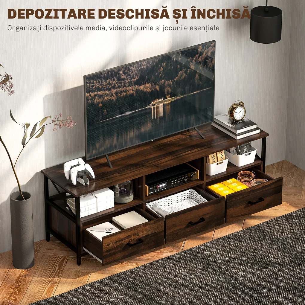 HOMCOM Dulap TV 65" în Stil Industrial cu 3 Sertare și 3 Rafturi ...
