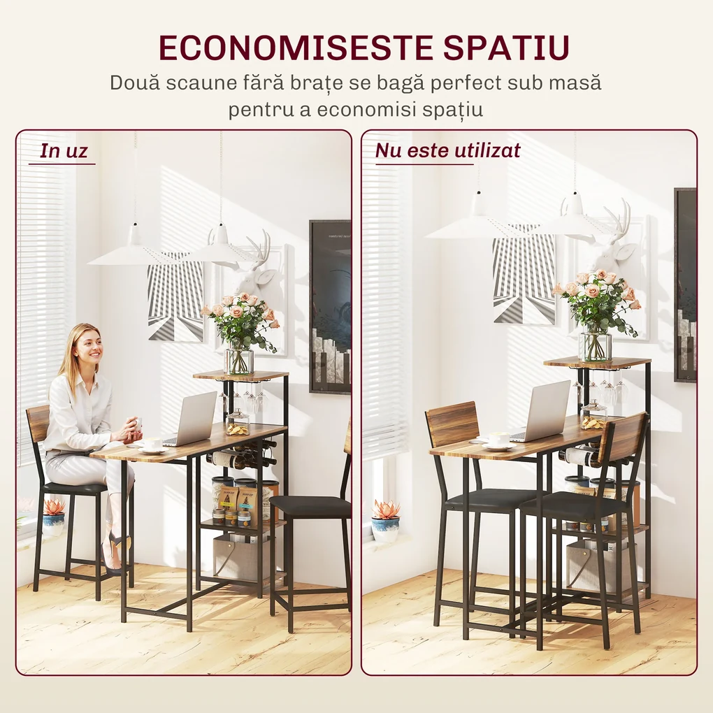 HOMCOM Set Blat de Bar Pliabil și 2 Scaune, Suport Vin și Pahare, Maro ...