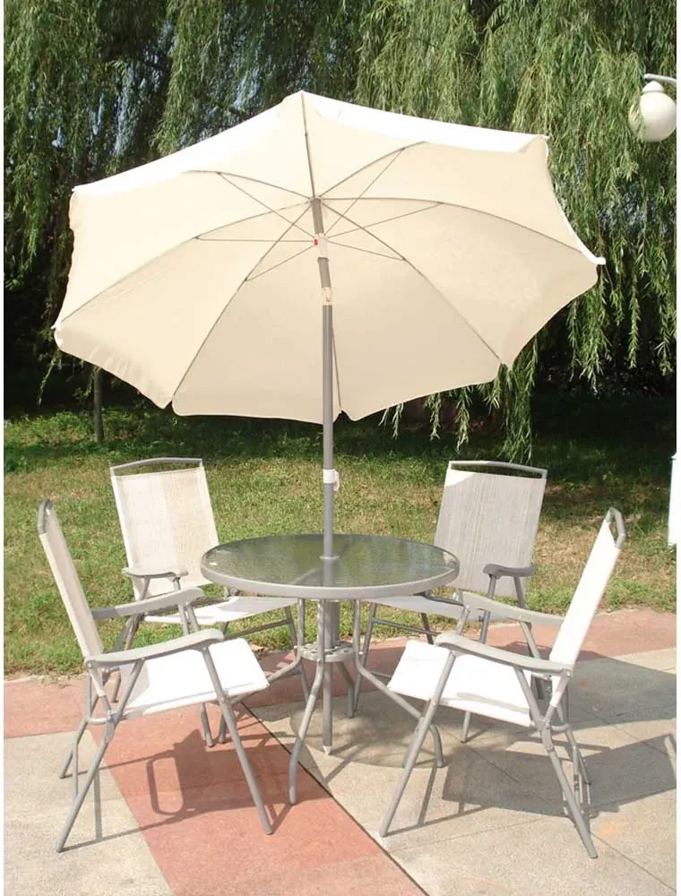 SET MASA + 4 SCAUNE + UMBRELA CREAM,GRI/CREM,CADRU METALIC,BLAT STICLA ...