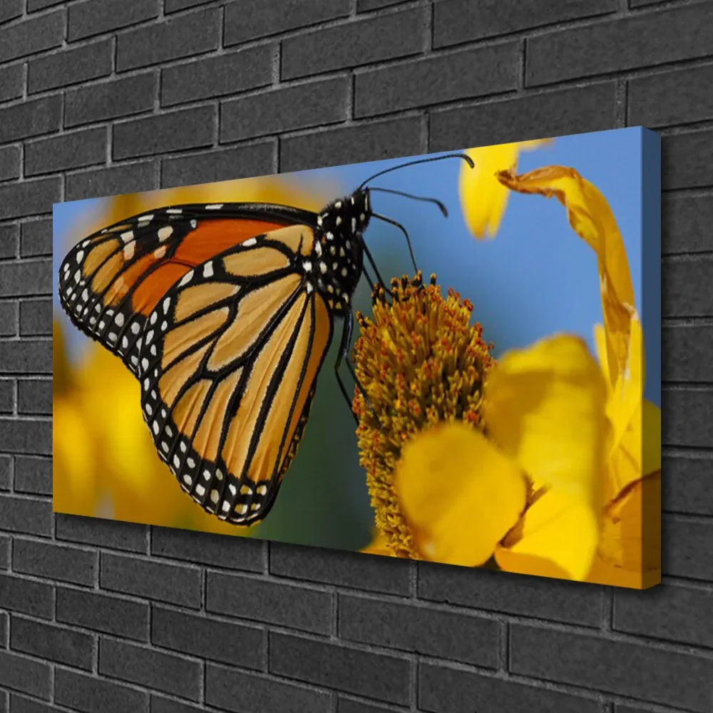 Tablou pe panza canvas Butterfly Flower Natura Negru Alb Galben | BIANO