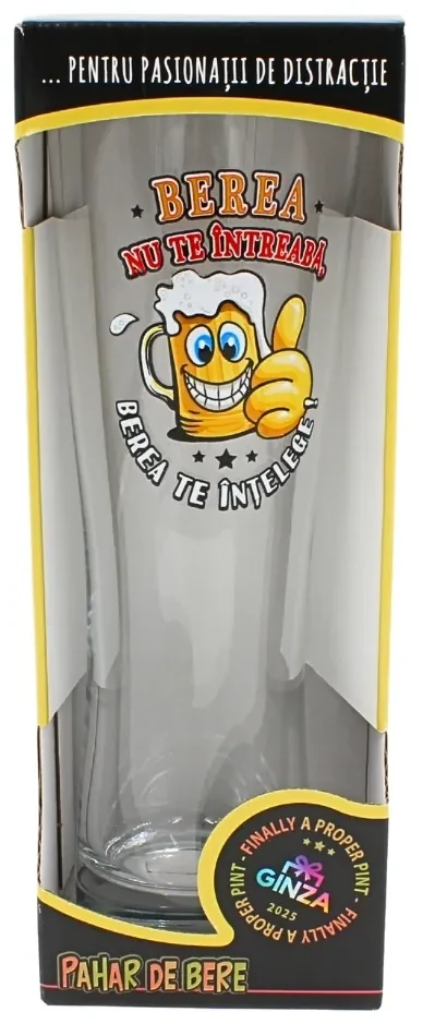 Pahar bere, 500 ml, mesaj funny “Berea nu te întreabă, berea te ...