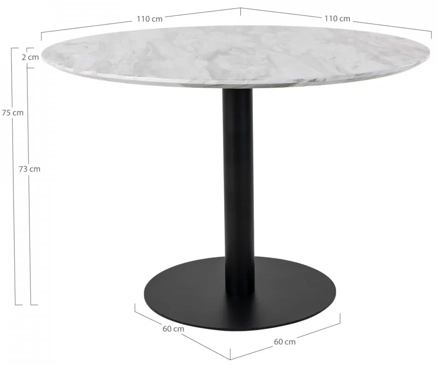 Masa dining rotunda cu blat aspect marmura alba si picior negru 110cm ...