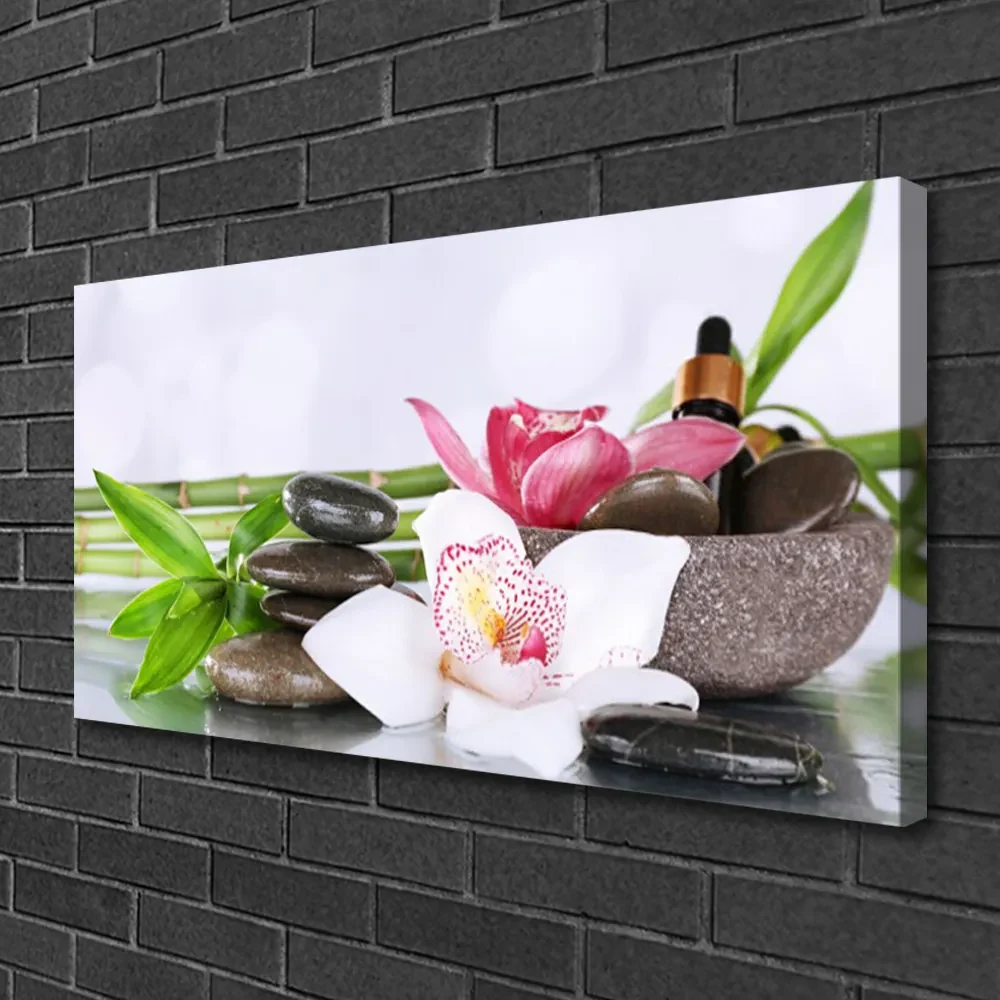 Tablou pe panza canvas Bambus Tulpini flori Stones Floral Verde Alb Gri ...